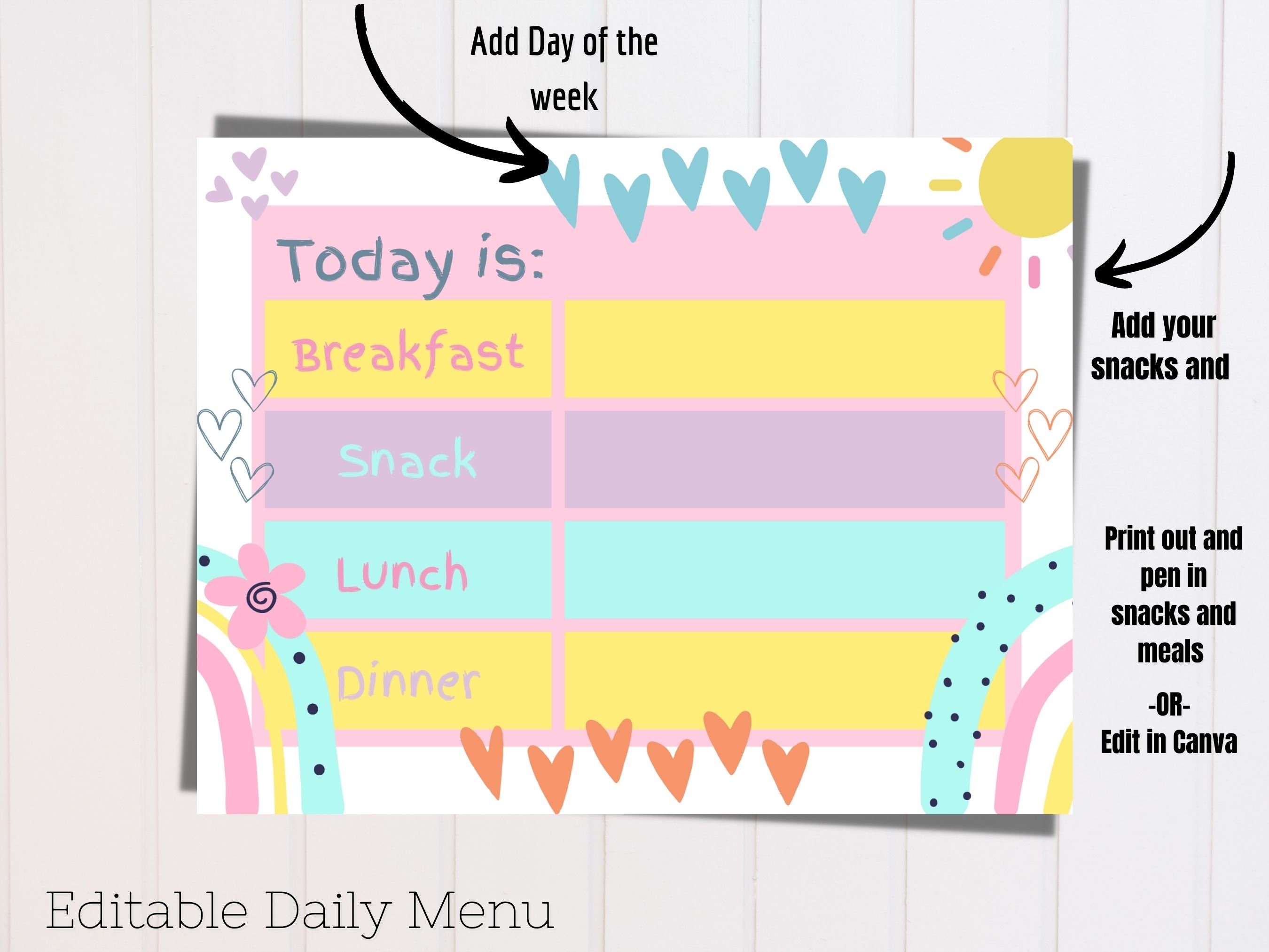 Kids Daily Menu | Printable Menu Card | Printable Template | Daycare ...