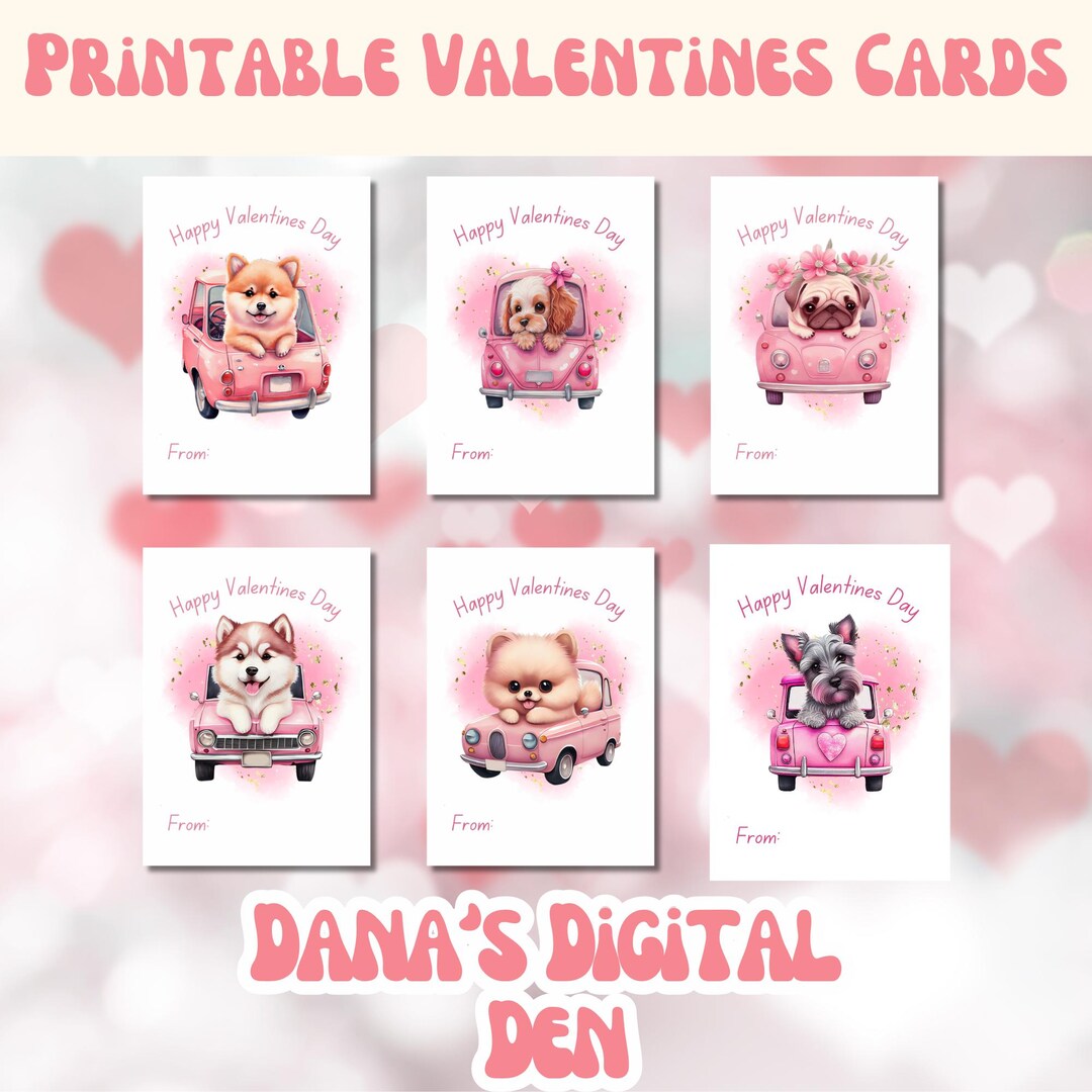 Puppy Valentine Cards for Kids Printable Digital Download 6 Cute Car ...