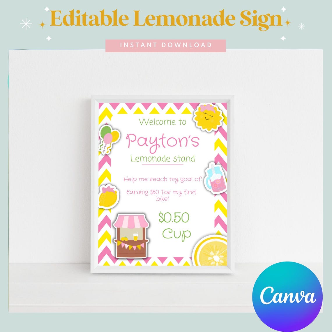 Printable Lemonade Stand Sign | Editable Canva Template | Lemonade Bar ...