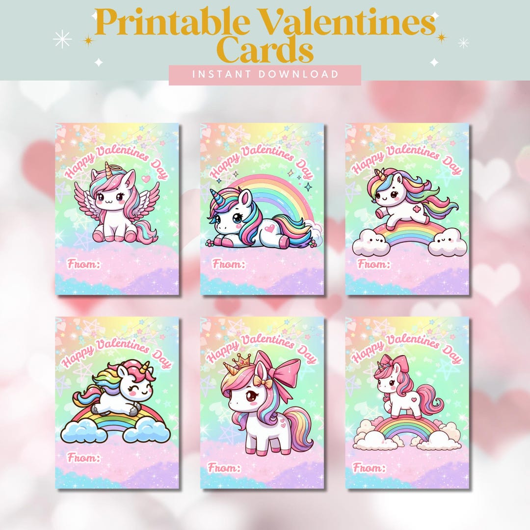 Magical Unicorn Valentine Cards for Kids – Set of 6 Cute Printable ...