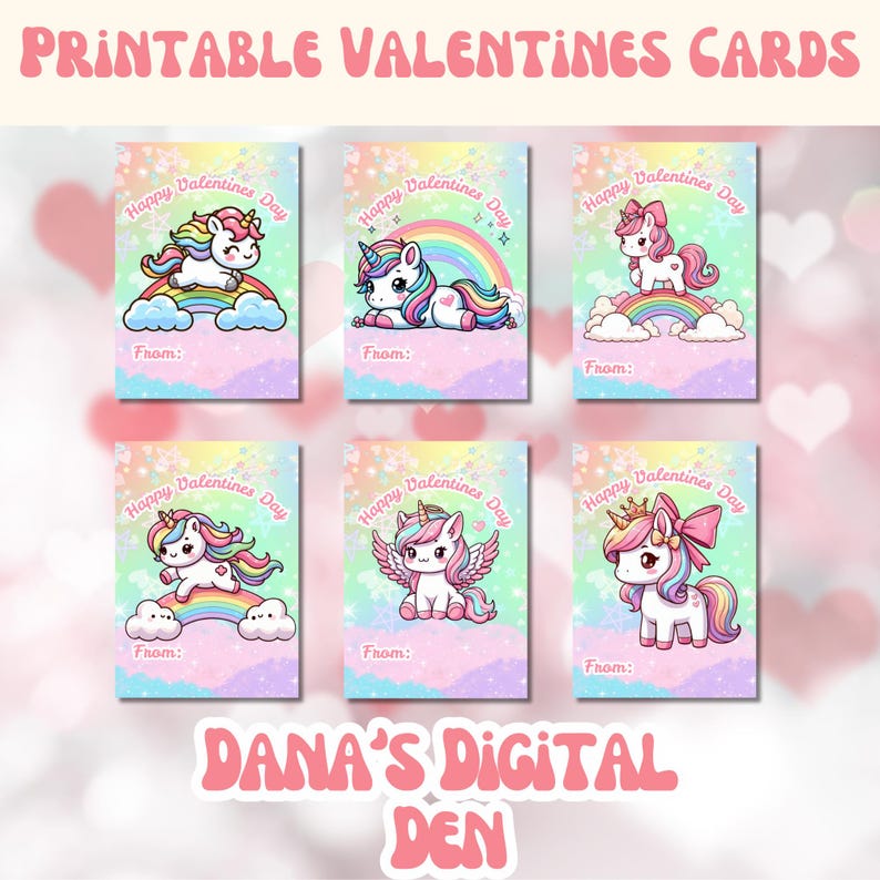Magical Unicorn Valentine Cards for Kids – Set of 6 Cute Printable ...