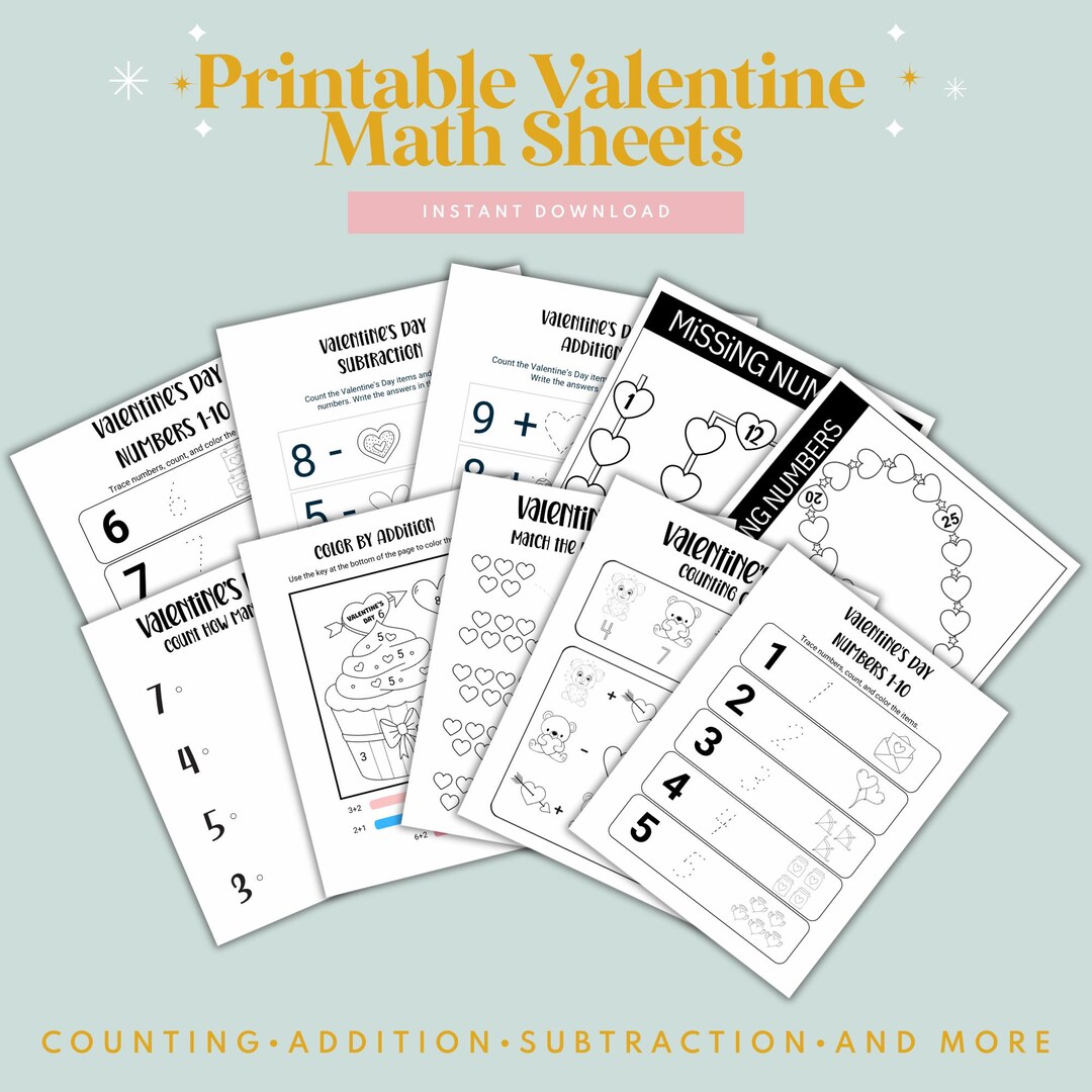 10 Printable Valentine Math Worksheets for Kids, Digital Download, Fun ...