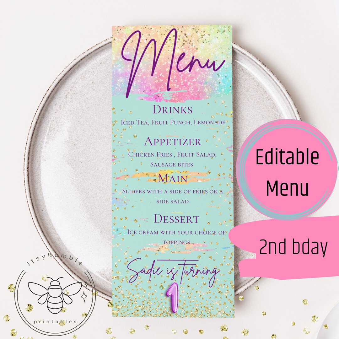 Girls Birthday Menu | 1st Birthday Party | Editable Menu Card ...