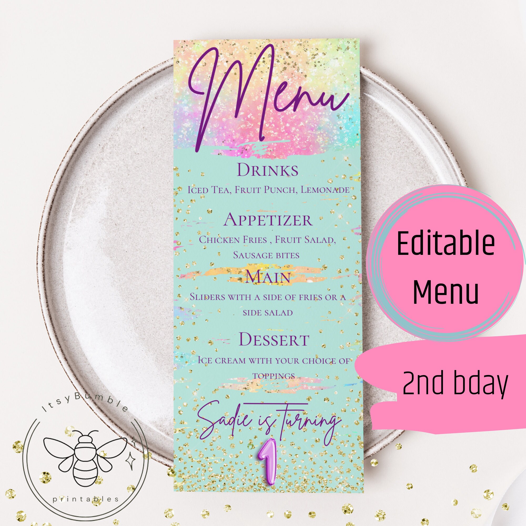 Girls Birthday Menu | 1st Birthday Party | Editable Menu Card ...