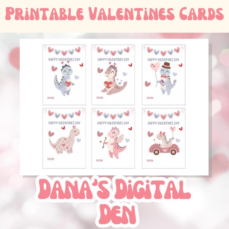 Dinosaur Valentine Cards, Printable Kids Valentines, 6 Fun Dino Designs ...