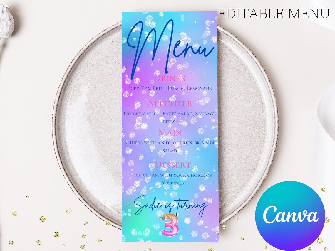 3rd Birthday Menu Template Instant Download Glitter Party Party Menu ...