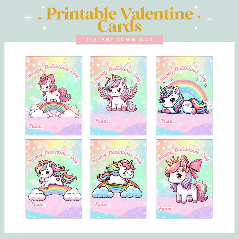 Magical Unicorn Valentine Cards for Kids – Set of 6 Cute Printable ...