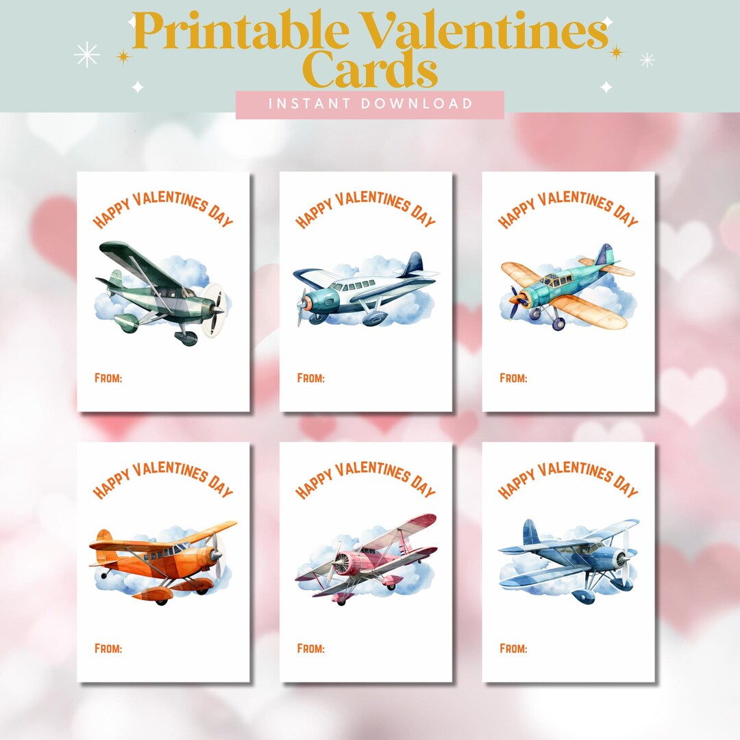 Printable Airplane Valentine Cards for Kids | 6 Designs | Instant ...
