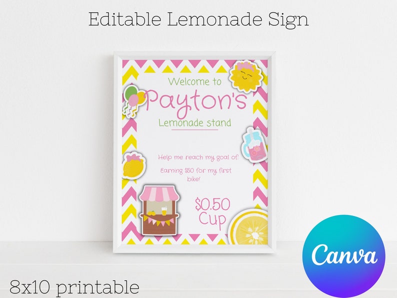 Printable Lemonade Stand Sign | Editable Canva Template | Lemonade Bar ...