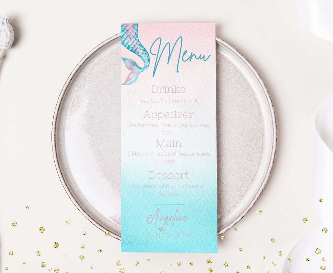 Mermaid Birthday Menu | Editable Menu Template | Watercolor Mermaid ...