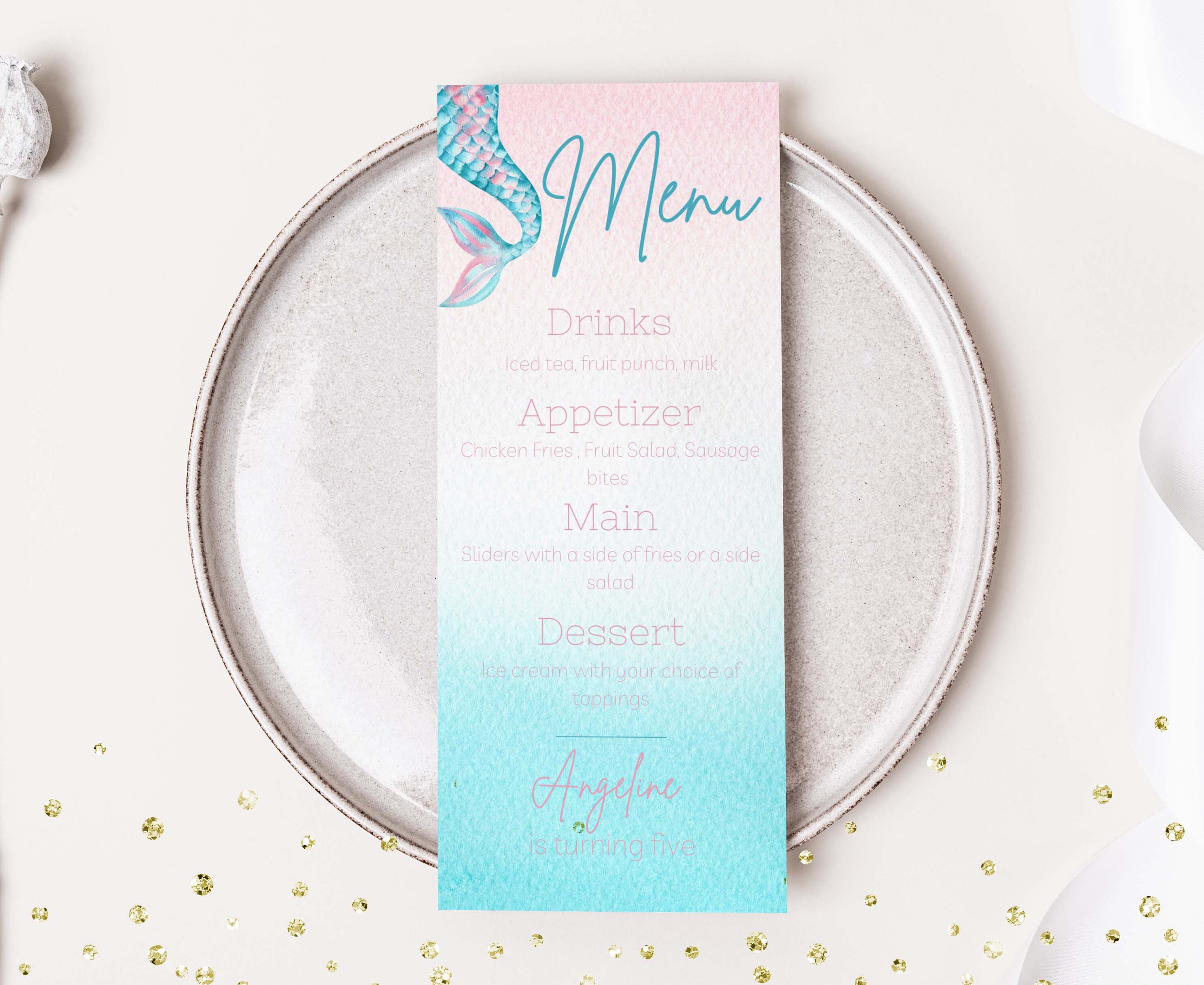 Mermaid Birthday Menu | Editable Menu Template | Watercolor Mermaid ...