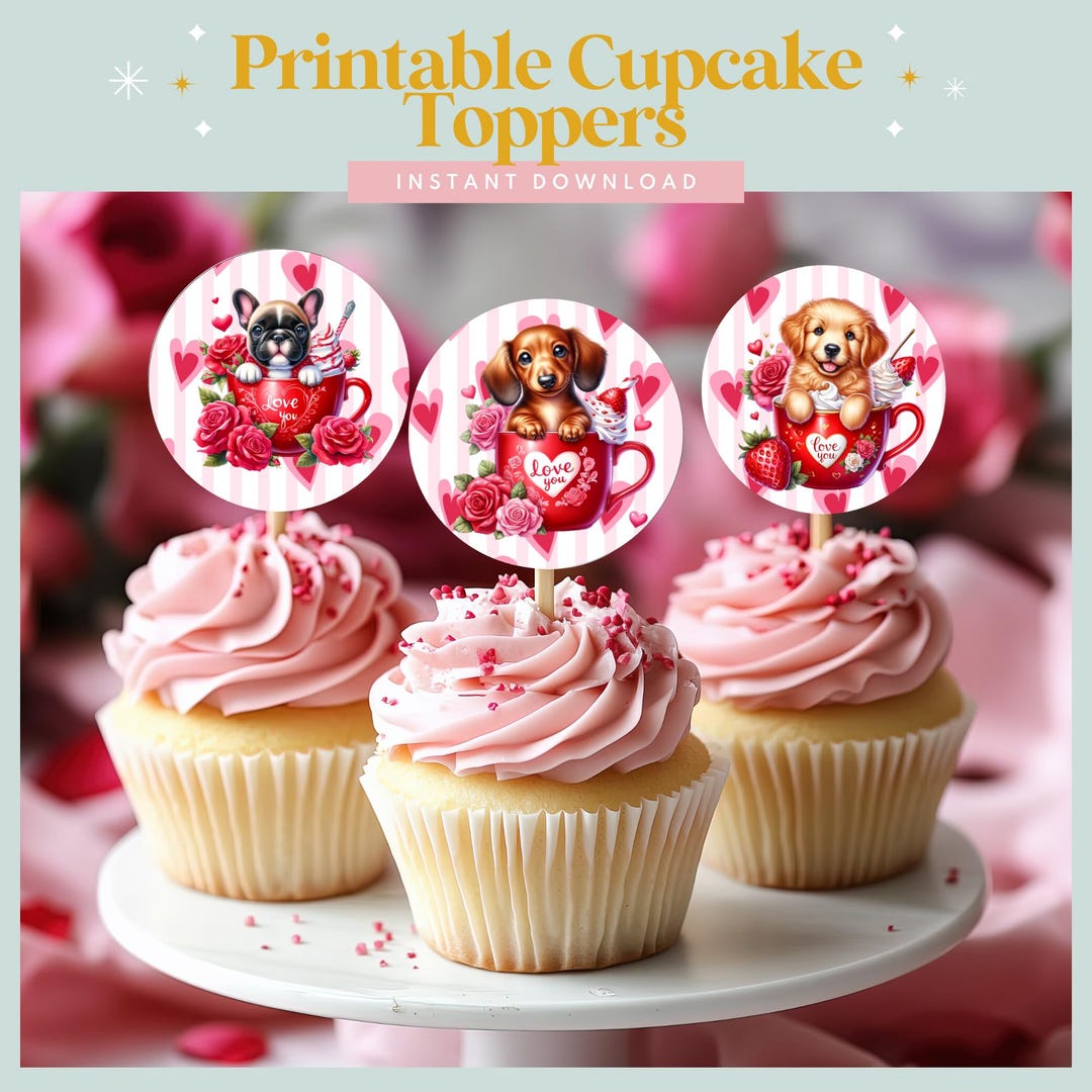 Printable Valentine Cupcake Toppers, Puppies in Mugs, DIY Party ...