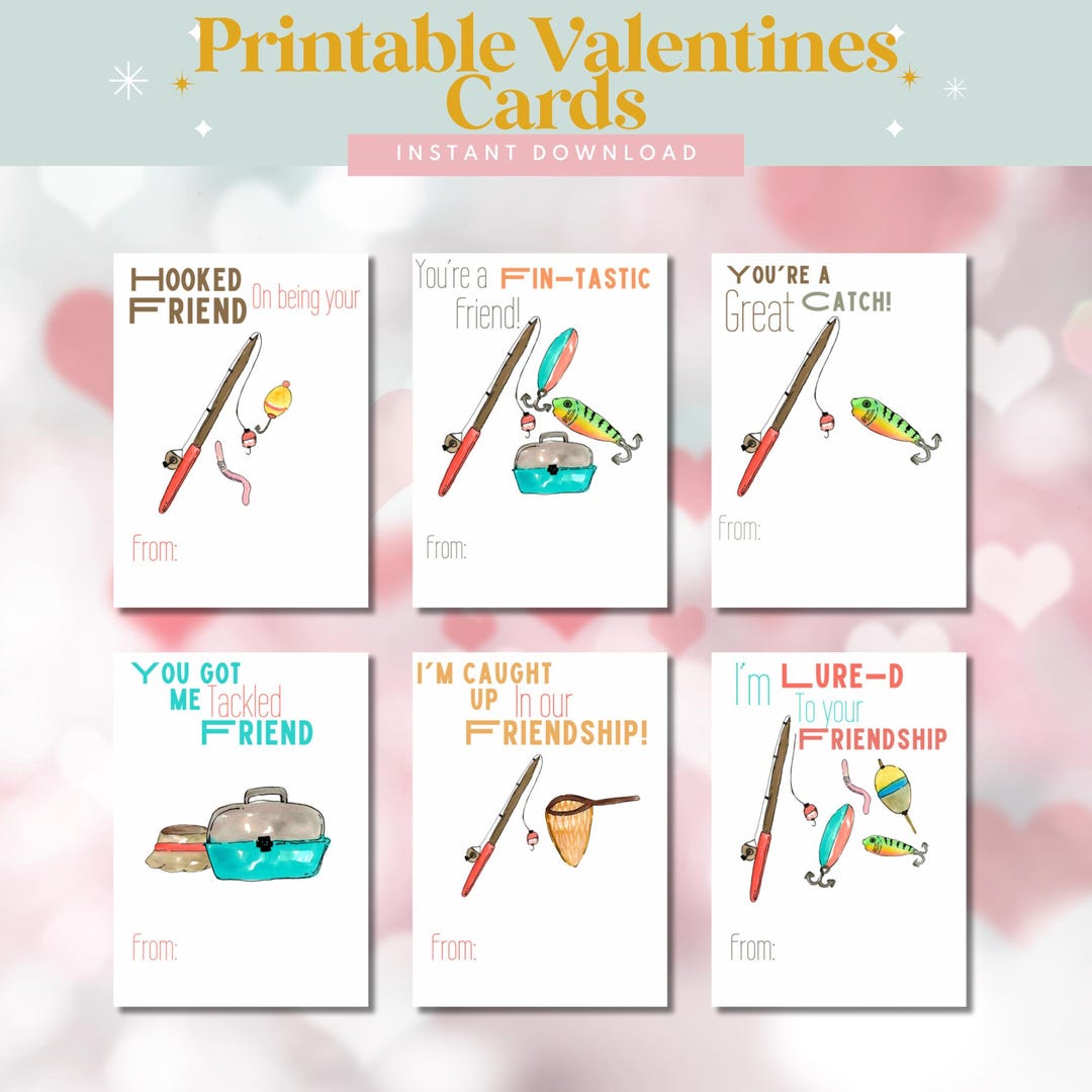 Printable Fishing Valentine Cards for Kids | 6 Fun Designs | Digital ...