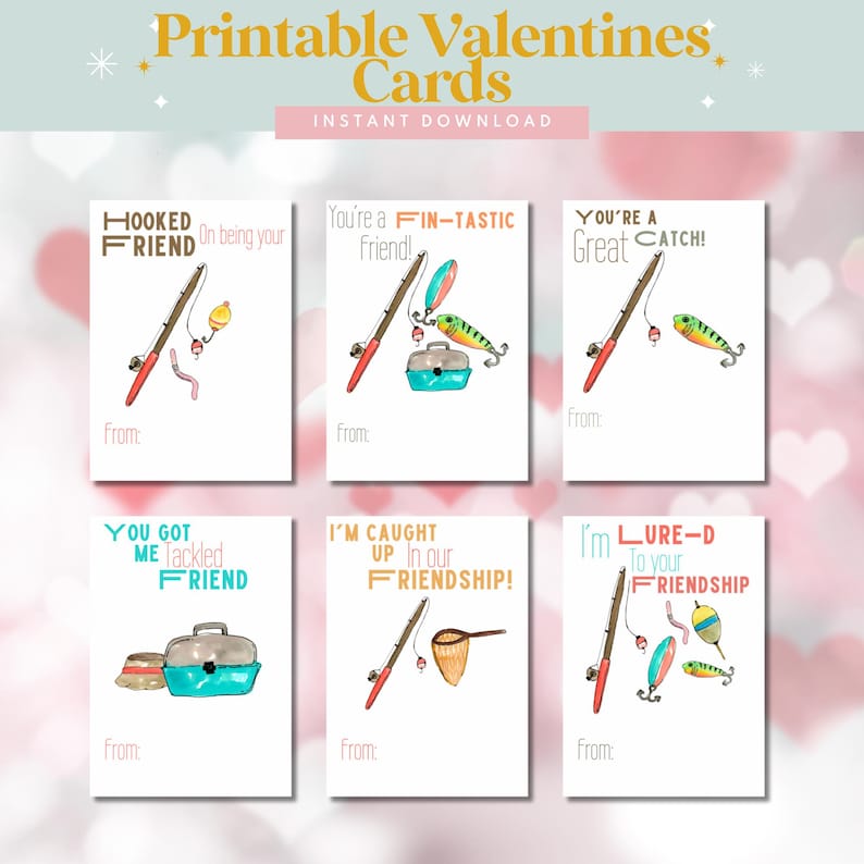 Printable Fishing Valentine Cards for Kids | 6 Fun Designs | Digital ...