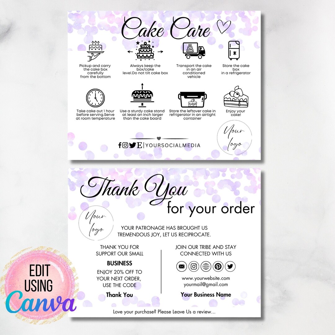 Editable Cake Care Card Digital Download Canva Editable Baking Business ...