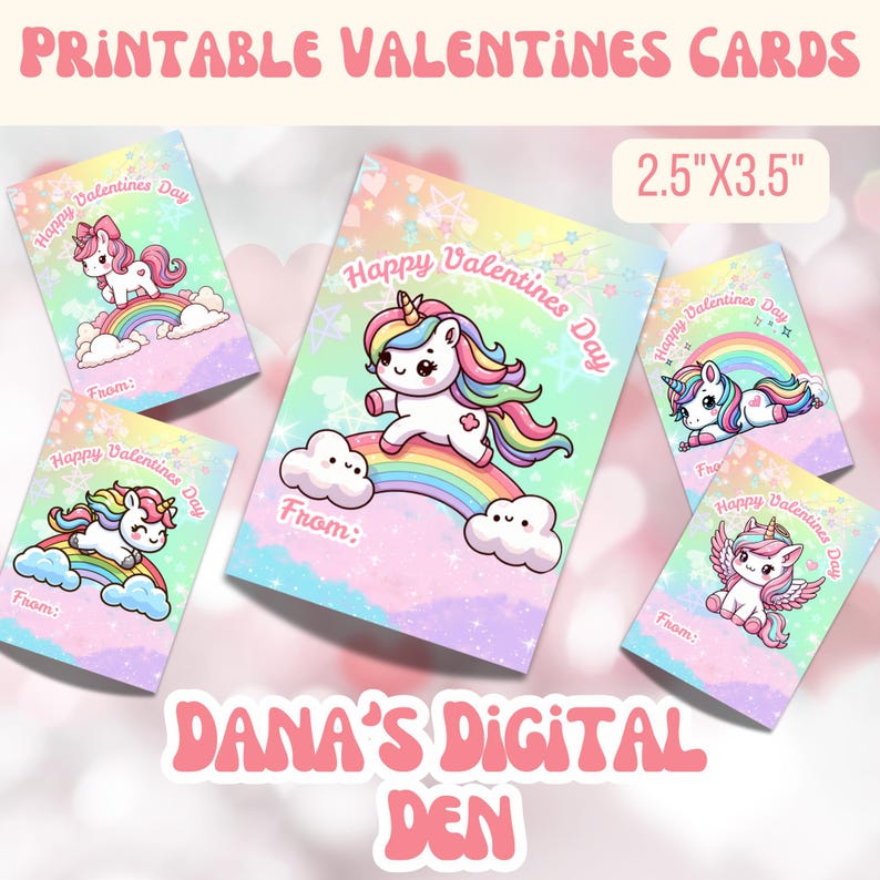 Magical Unicorn Valentine Cards for Kids – Set of 6 Cute Printable ...