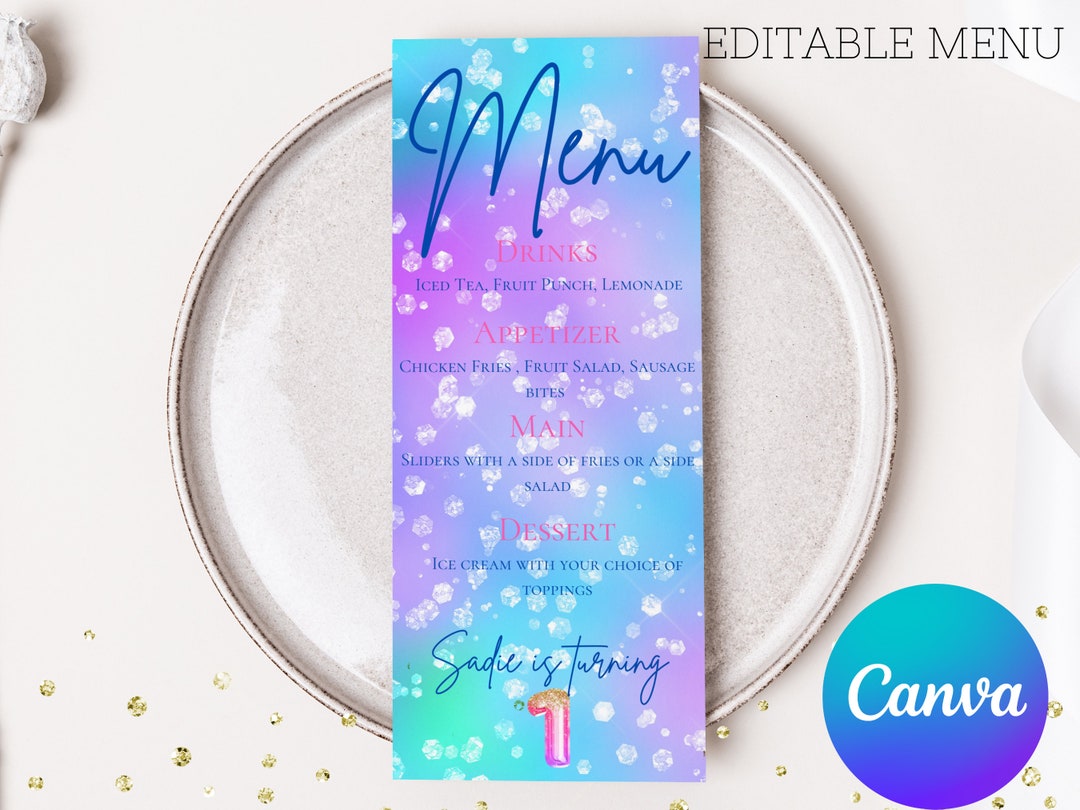 Editable Birthday Menu Party Menu Card Canva Template Glitter Party ...