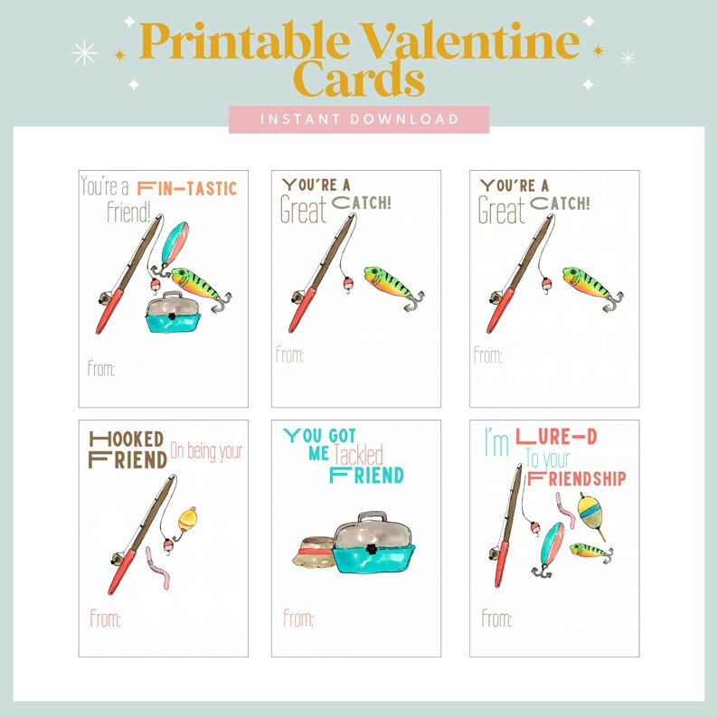 Printable Fishing Valentine Cards for Kids | 6 Fun Designs | Digital ...