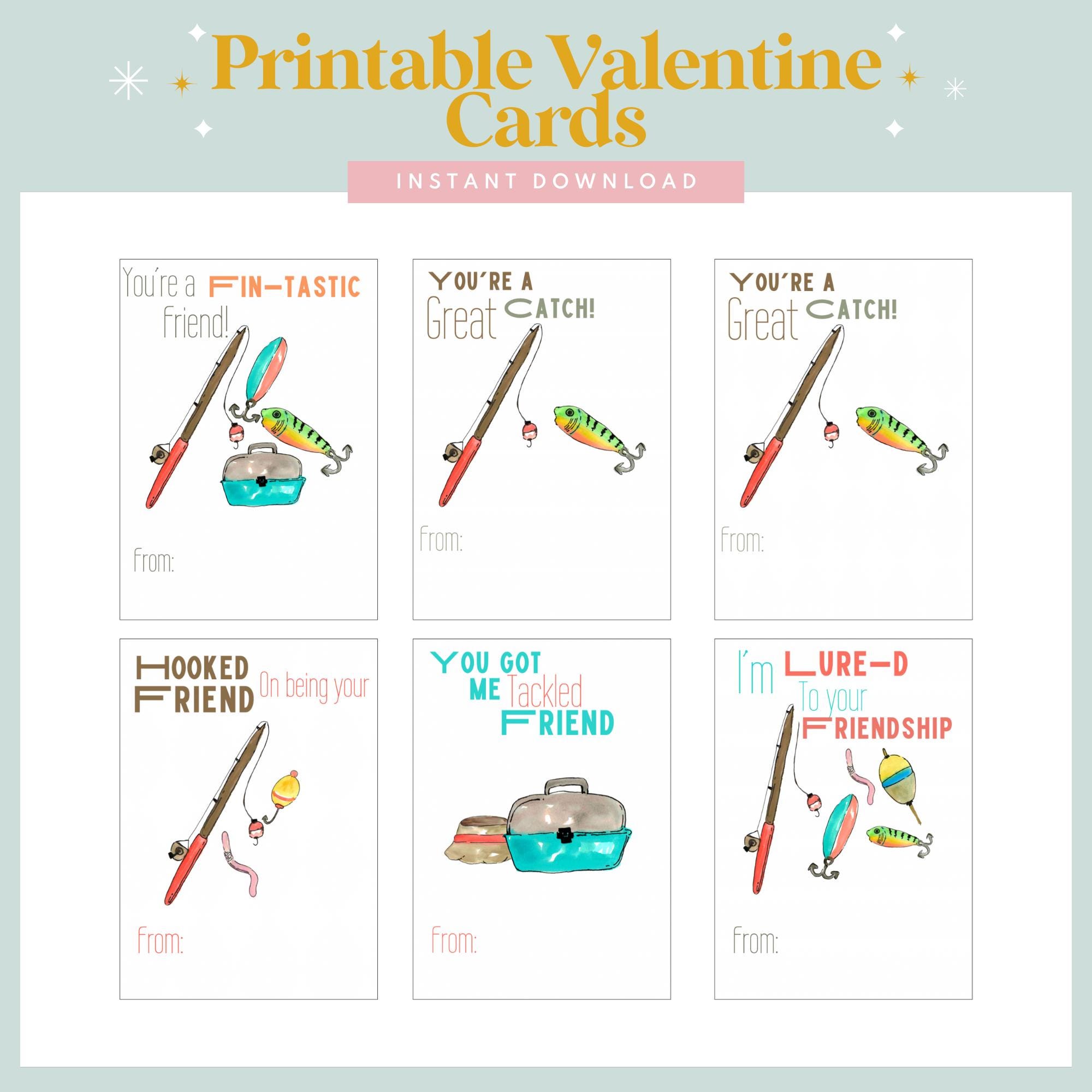 Printable Fishing Valentine Cards for Kids | 6 Fun Designs | Digital ...