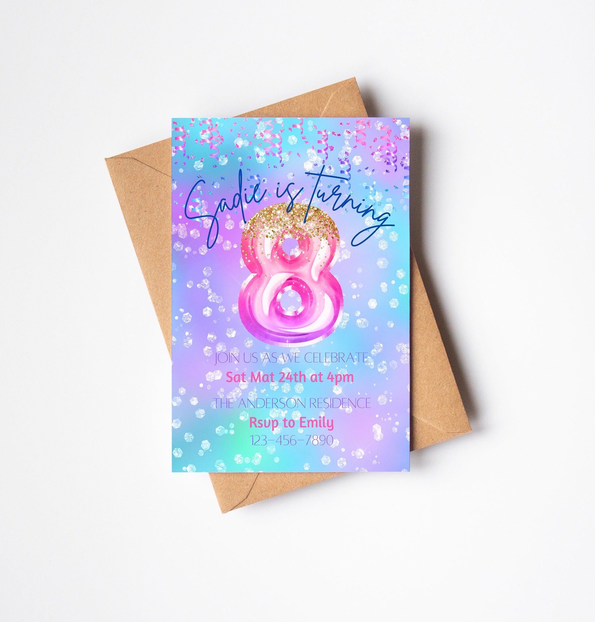 8th Girl Birthday Invitation Instant Download Invite Rainbow ...