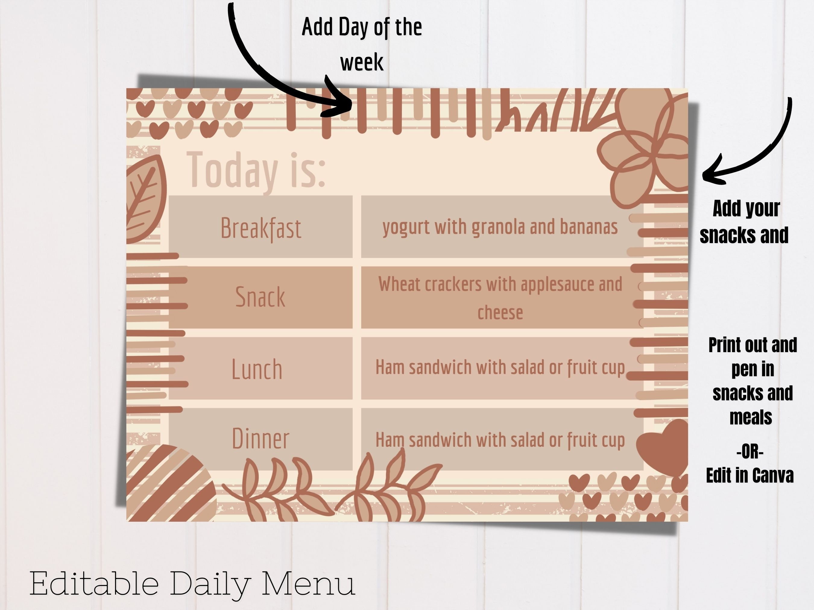 Instant Download Daily Menu Printable Menu Card Boho Kitchen Editable ...