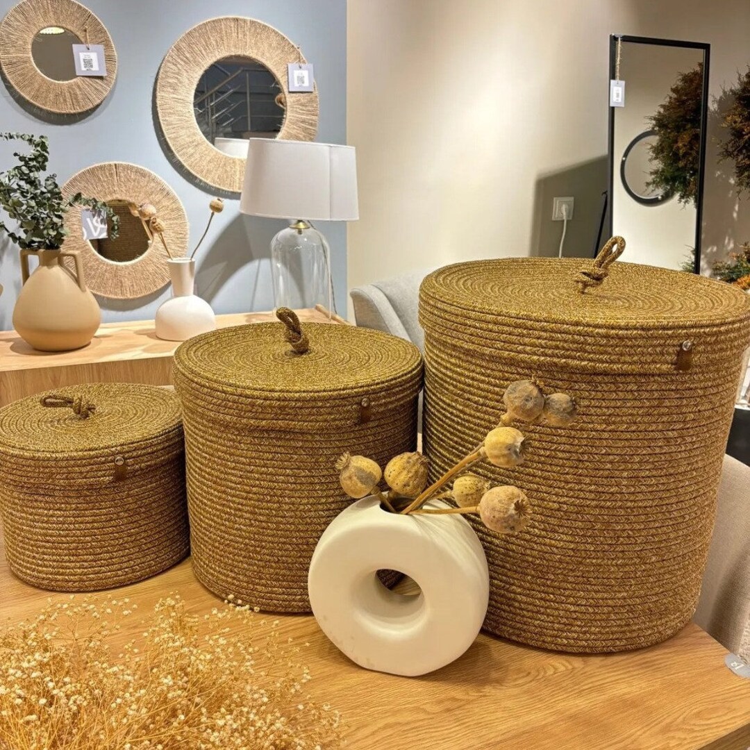 Set of 3 Pcs Basket, Rope Basket, Basket With Lid, Cotton Rope Storage ...