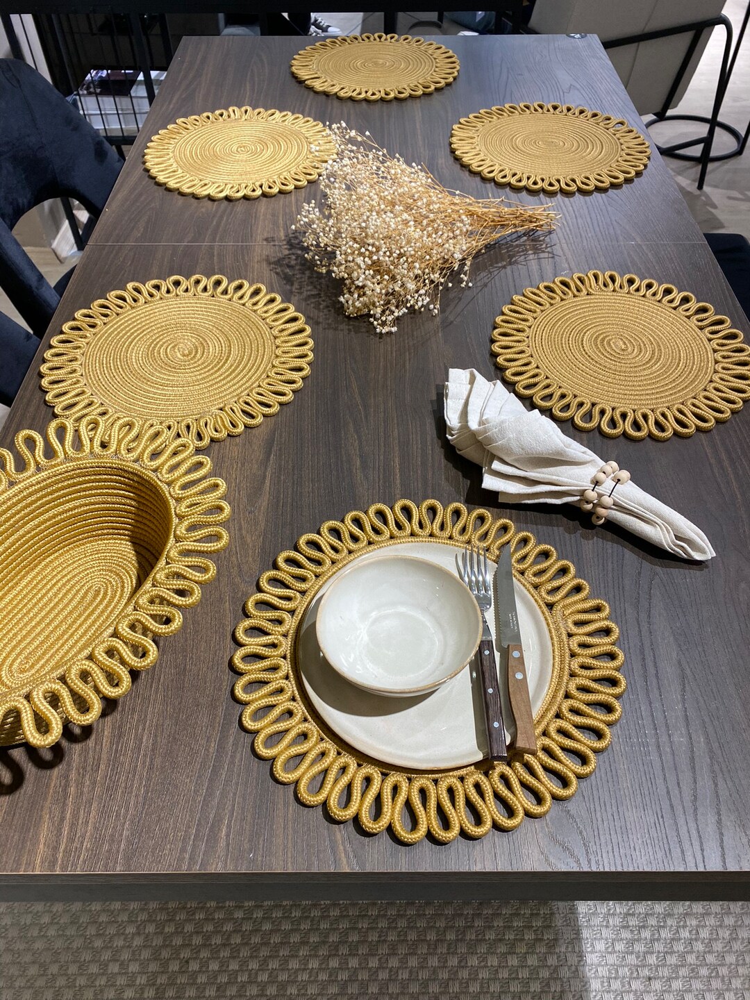6 Pcs Place Supla, 1 Pc Bread Basket, Jute Runner, Plate Service Set ...