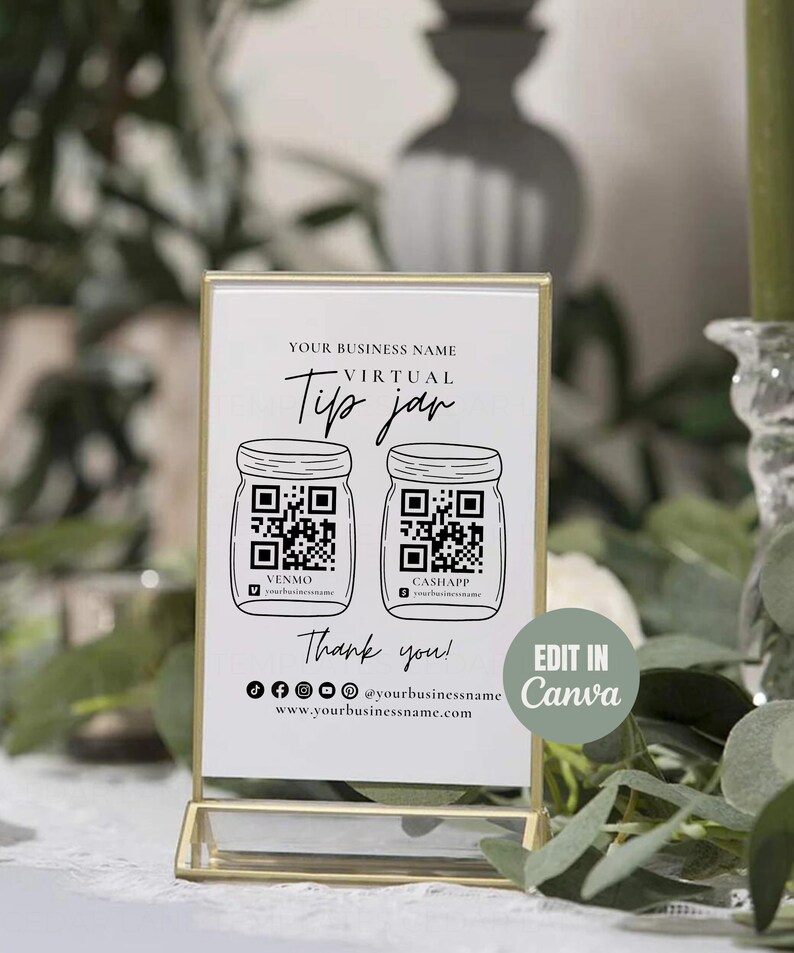 Printable Virtual Tip Jar Payment Sign, QR Code Sign Canva Template ...