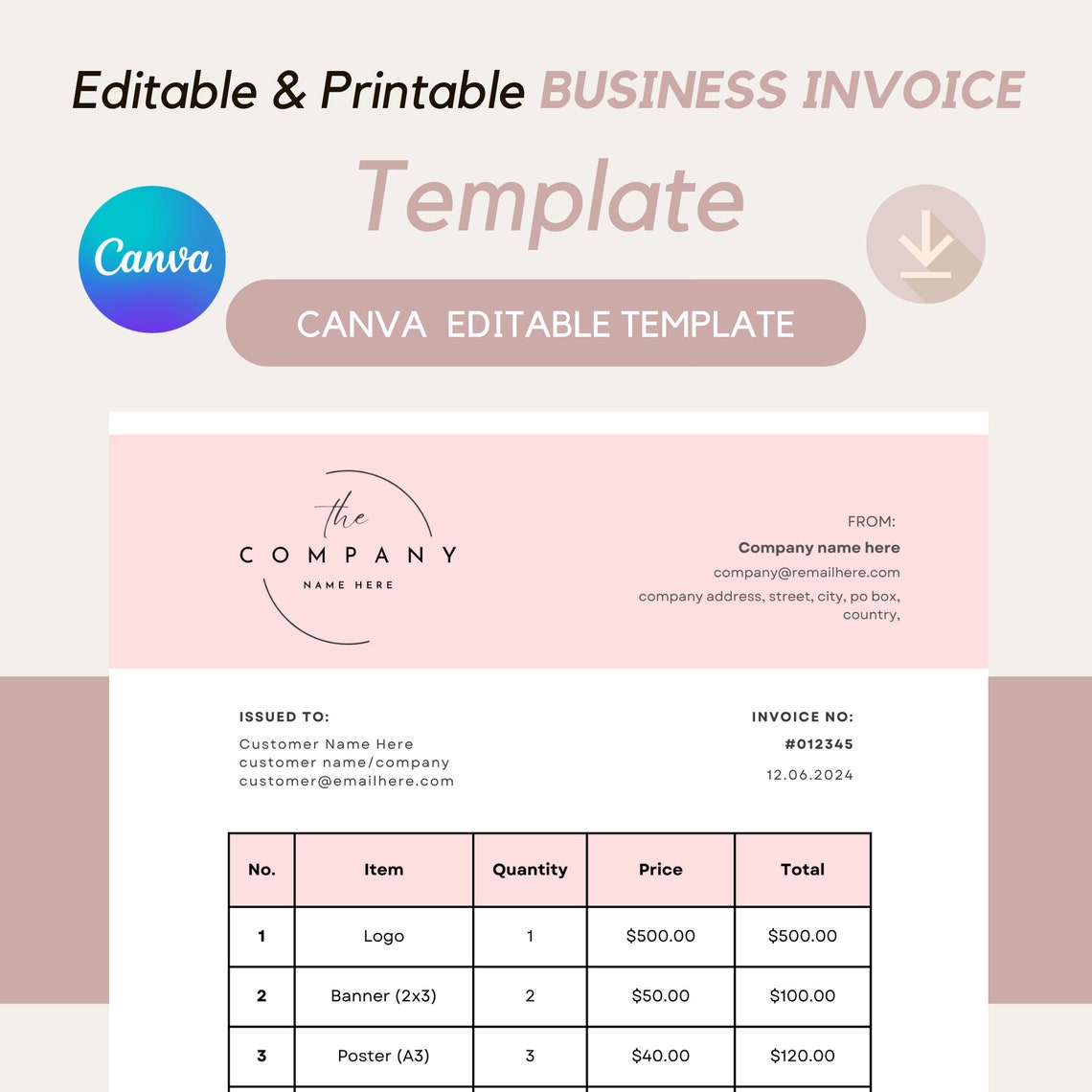 Pink Invoice Template, Custom Invoice, Canva Invoice, Business Receipt ...