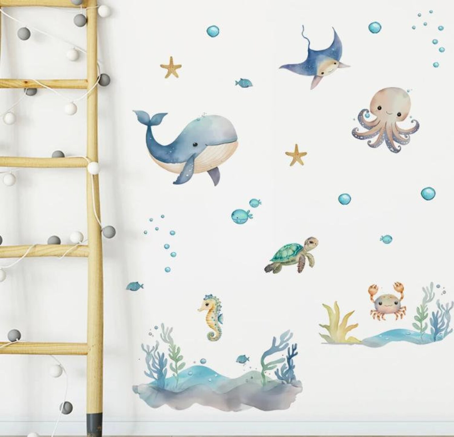 Cartoon Ocean Wall Decal, Underwater World Sticker, Vinyl Whale Turtle ...