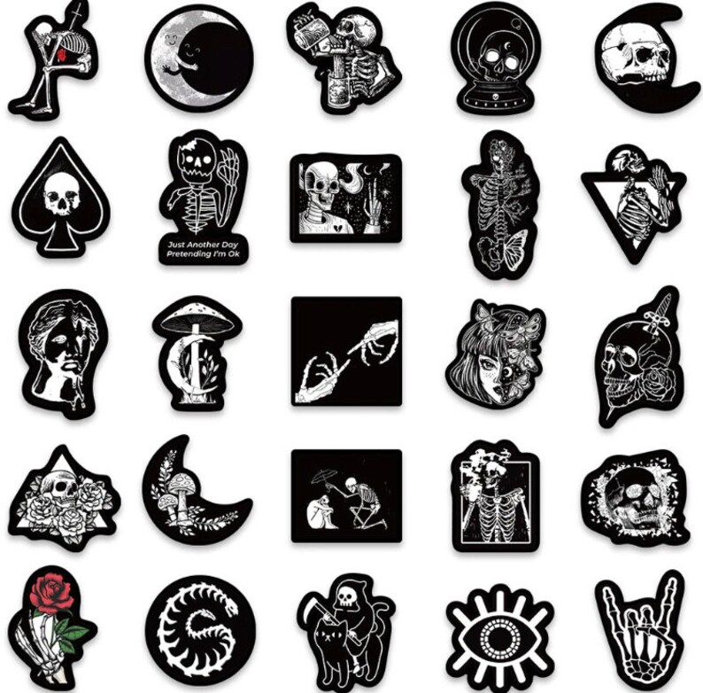 50 Gothic Skull Sticker Pack With High Quality Black and White - Etsy