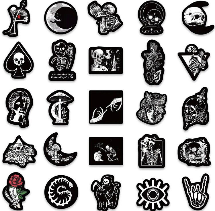 50 Gothic Skull Sticker Pack With High Quality Black and White - Etsy