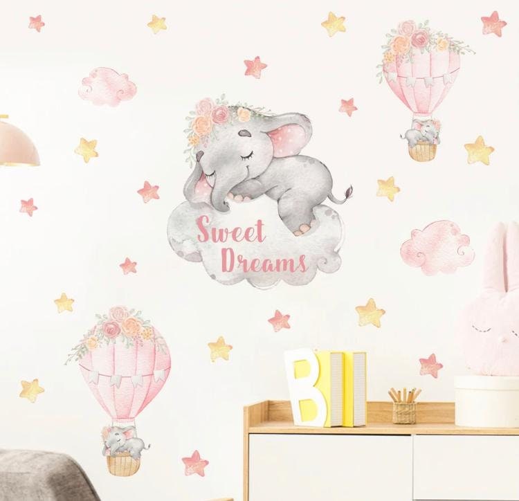 Cartoon Sweet Dreams Sticker Set Kids Wall Decal Elephant Hot Air ...