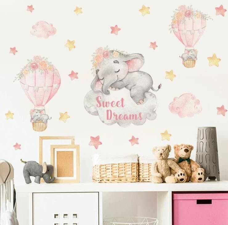 Cartoon Sweet Dreams Sticker Set Kids Wall Decal Elephant Hot Air ...