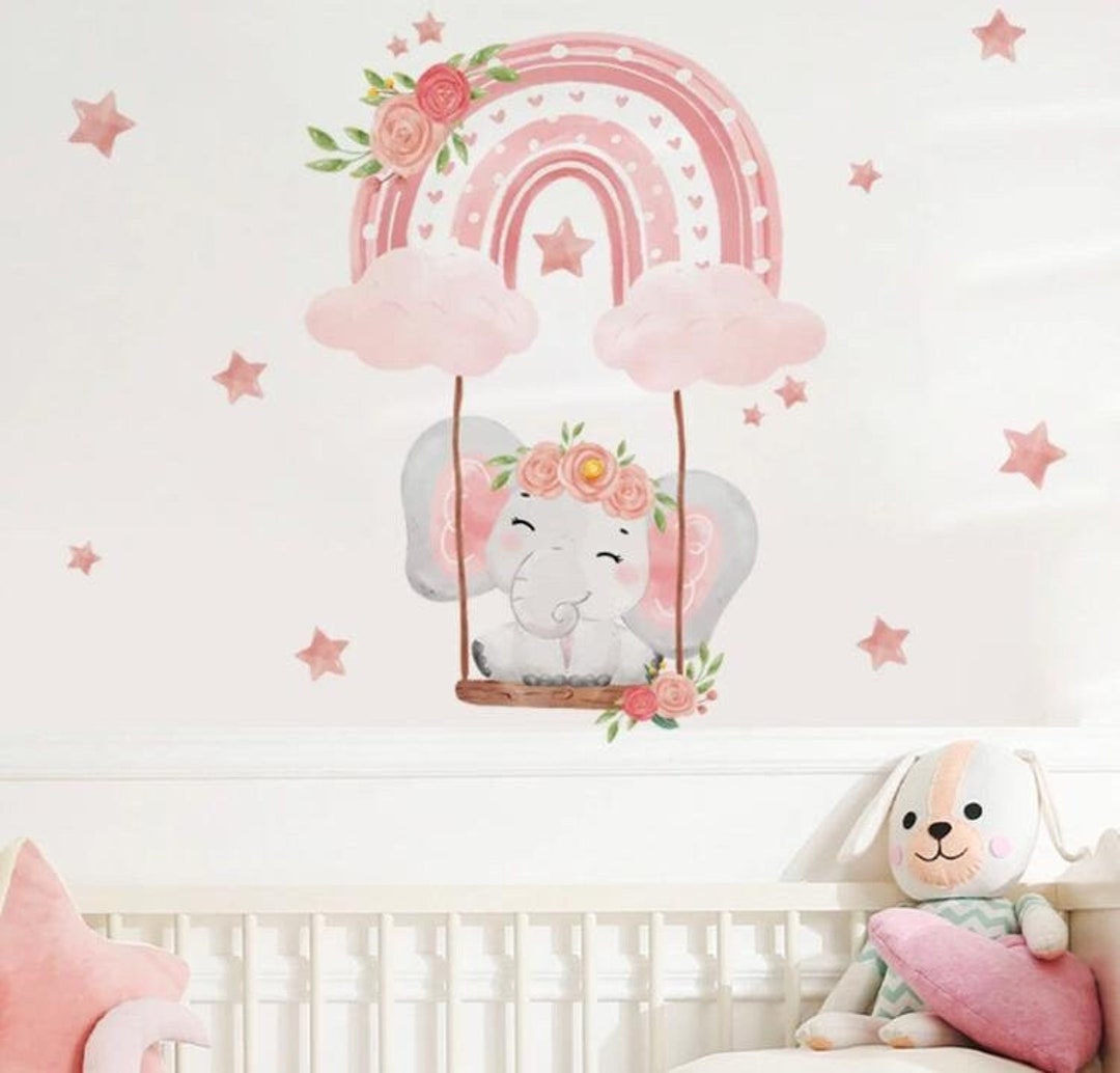 Cartoon Baby Elephant Sticker Set Safari Animals Wall Sticker Pink for ...