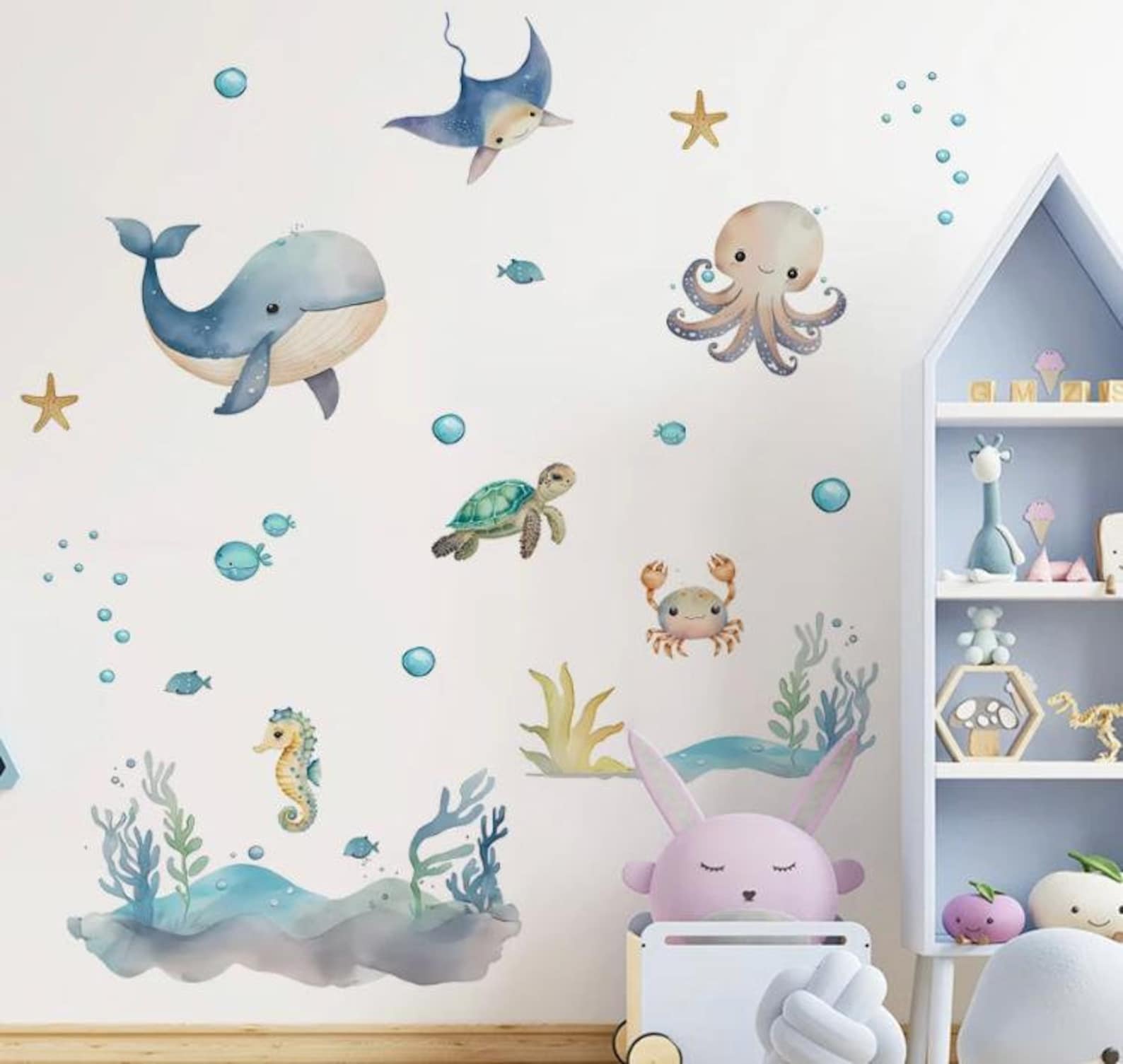Cartoon Ocean Wall Decal, Underwater World Sticker, Vinyl Whale Turtle ...