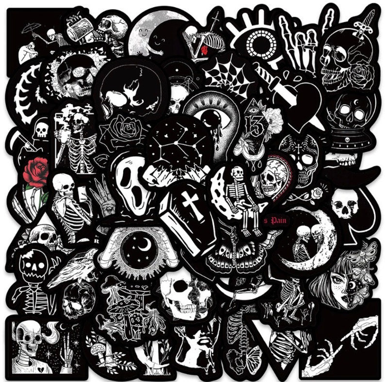 50 Gothic Skull Sticker Pack With High Quality Black and White - Etsy