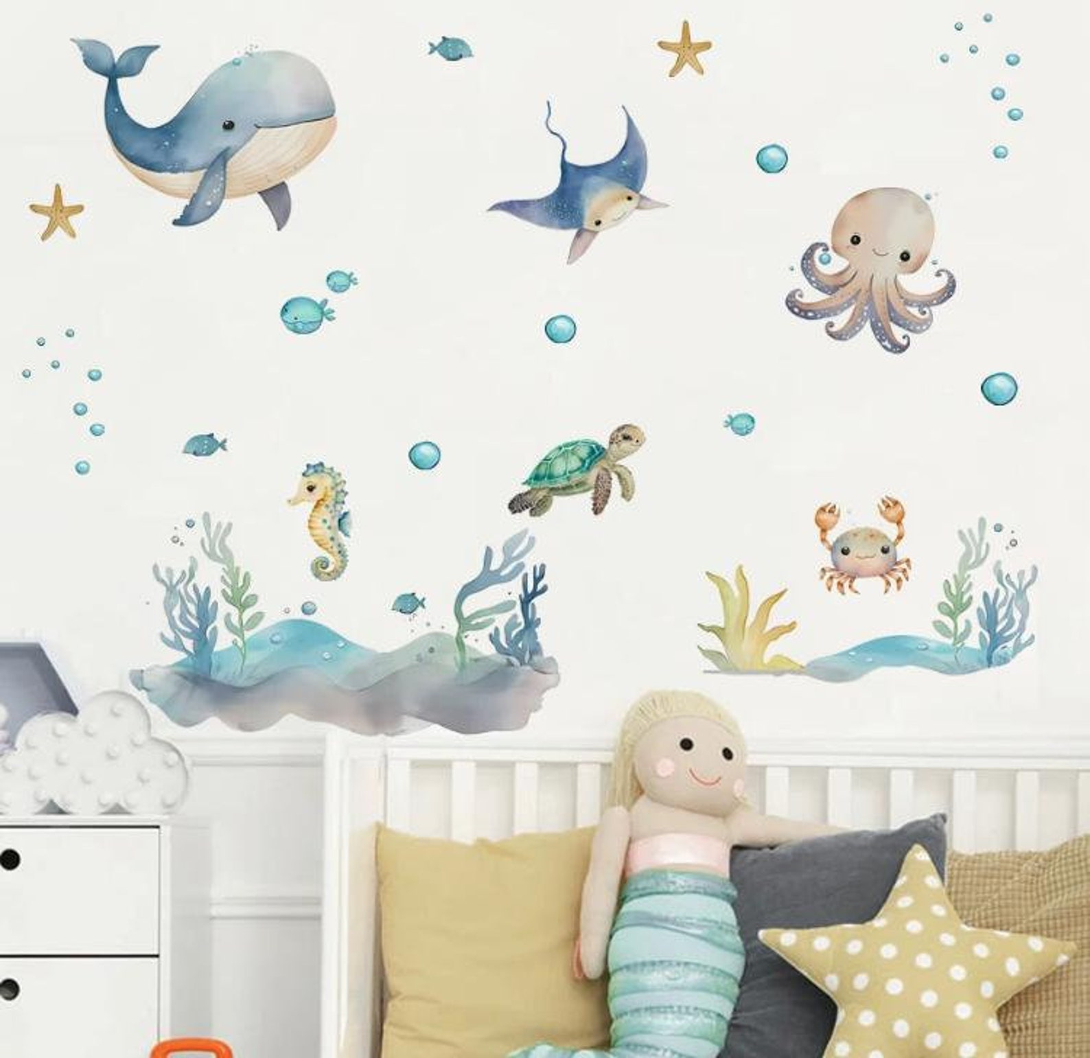 Cartoon Ocean Wall Decal, Underwater World Sticker, Vinyl Whale Turtle ...