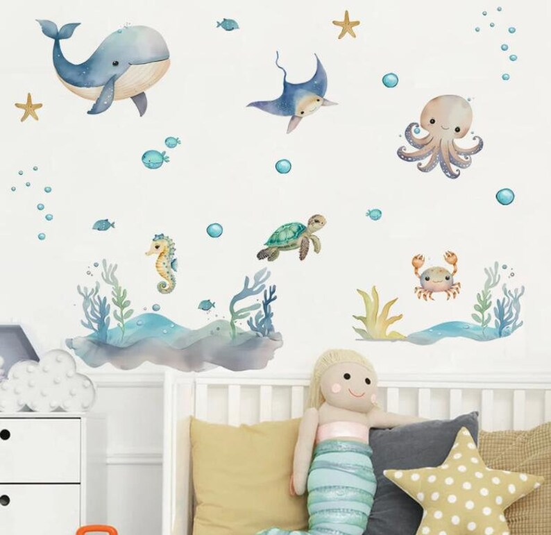 Cartoon Ocean Wall Decal, Underwater World Sticker, Vinyl Whale Turtle ...