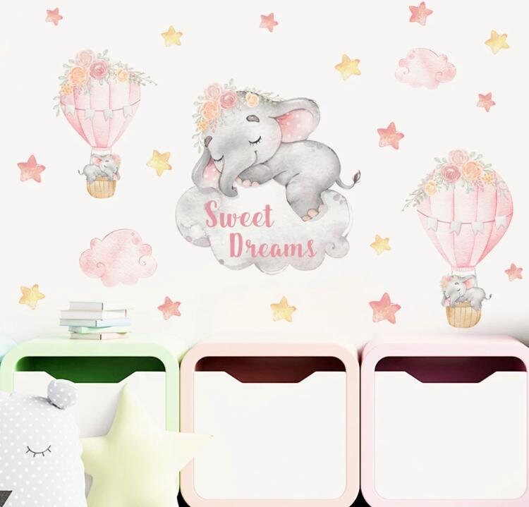 Cartoon Sweet Dreams Sticker Set Kids Wall Decal Elephant Hot Air ...