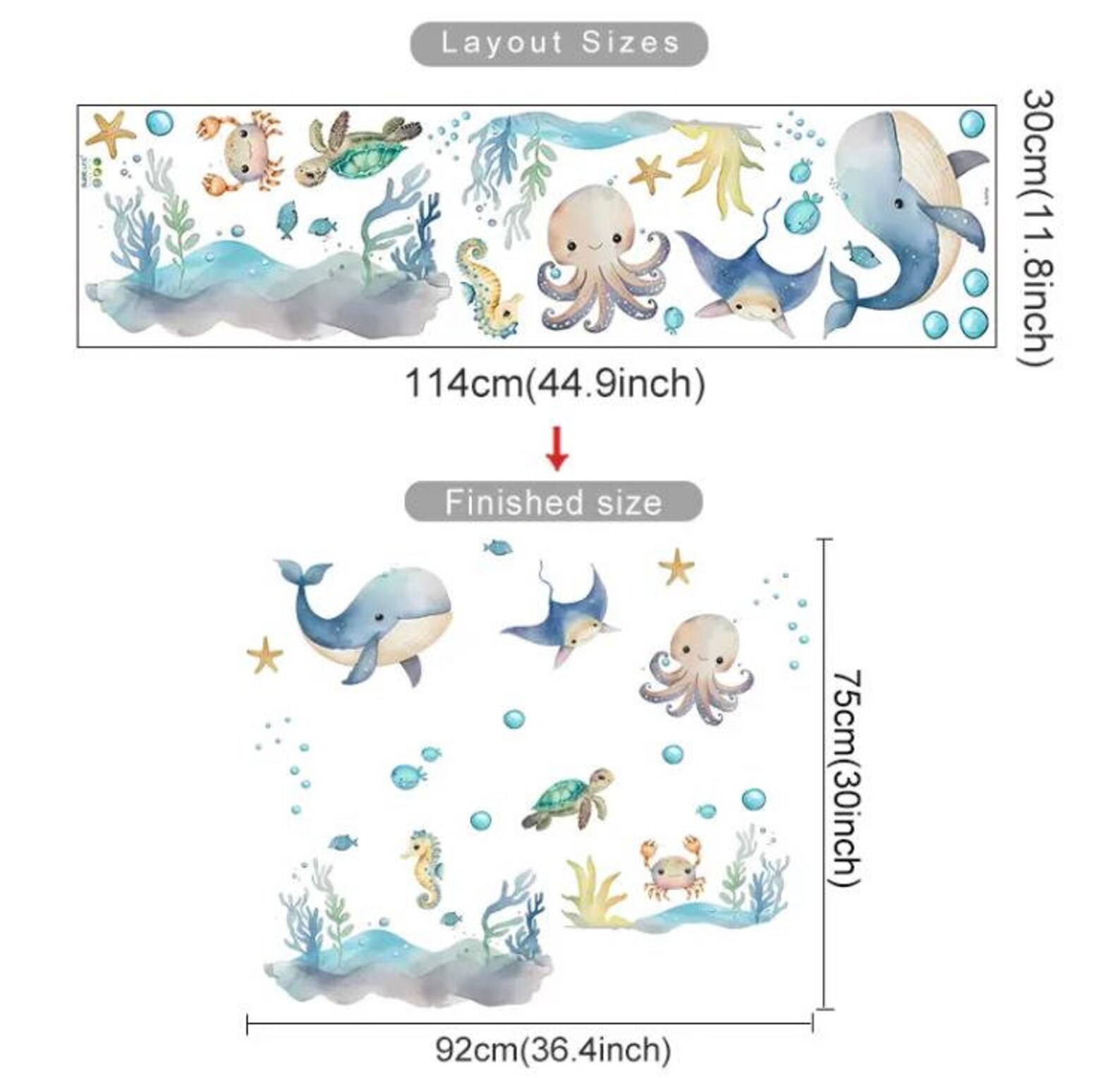 Cartoon Ocean Wall Decal, Underwater World Sticker, Vinyl Whale Turtle ...