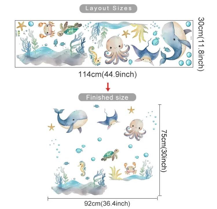 Cartoon Ocean Wall Decal, Underwater World Sticker, Vinyl Whale Turtle ...