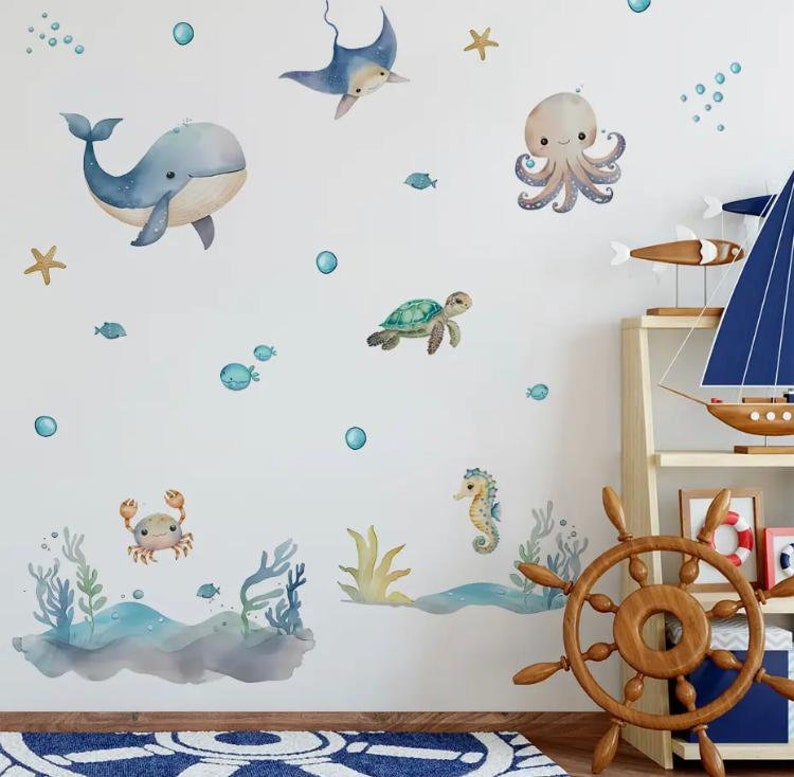 Cartoon Ocean Wall Decal, Underwater World Sticker, Vinyl Whale Turtle ...