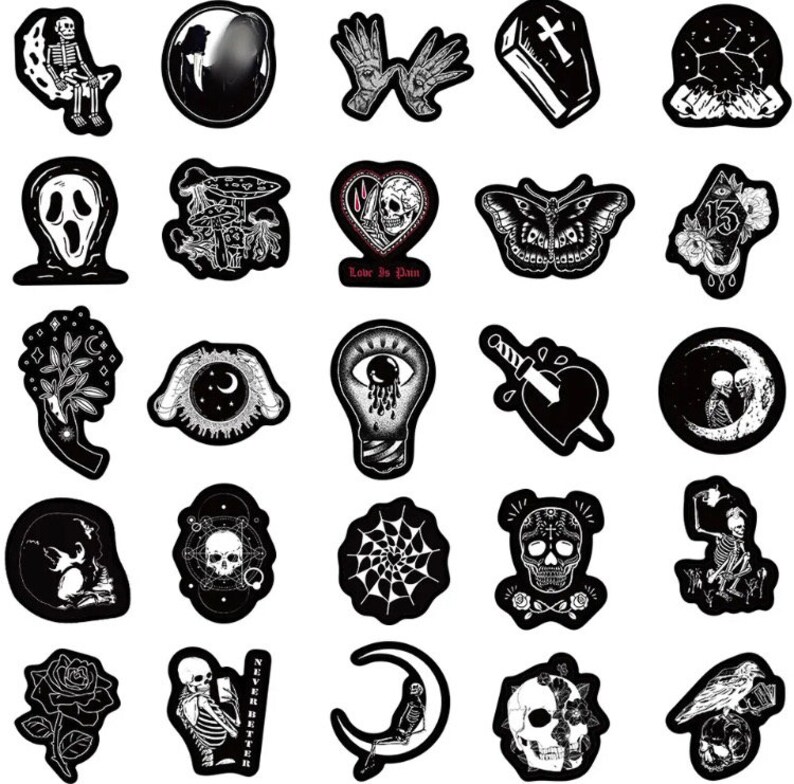 50 Gothic Skull Sticker Pack With High Quality Black and White - Etsy