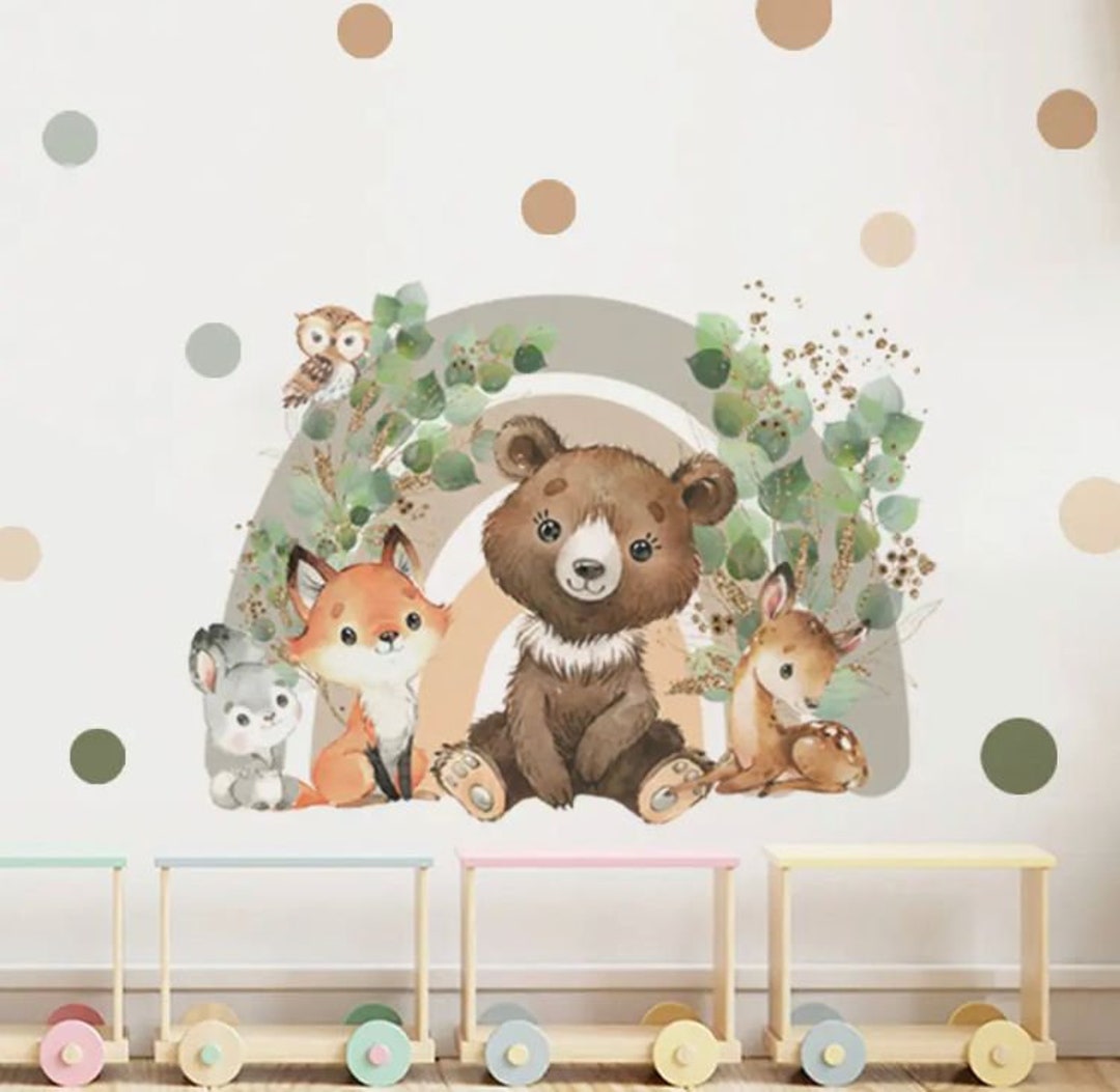 Boho Cartoon Forest Animal Bear Fox Rabbit Watercolor Wall Sticker ...