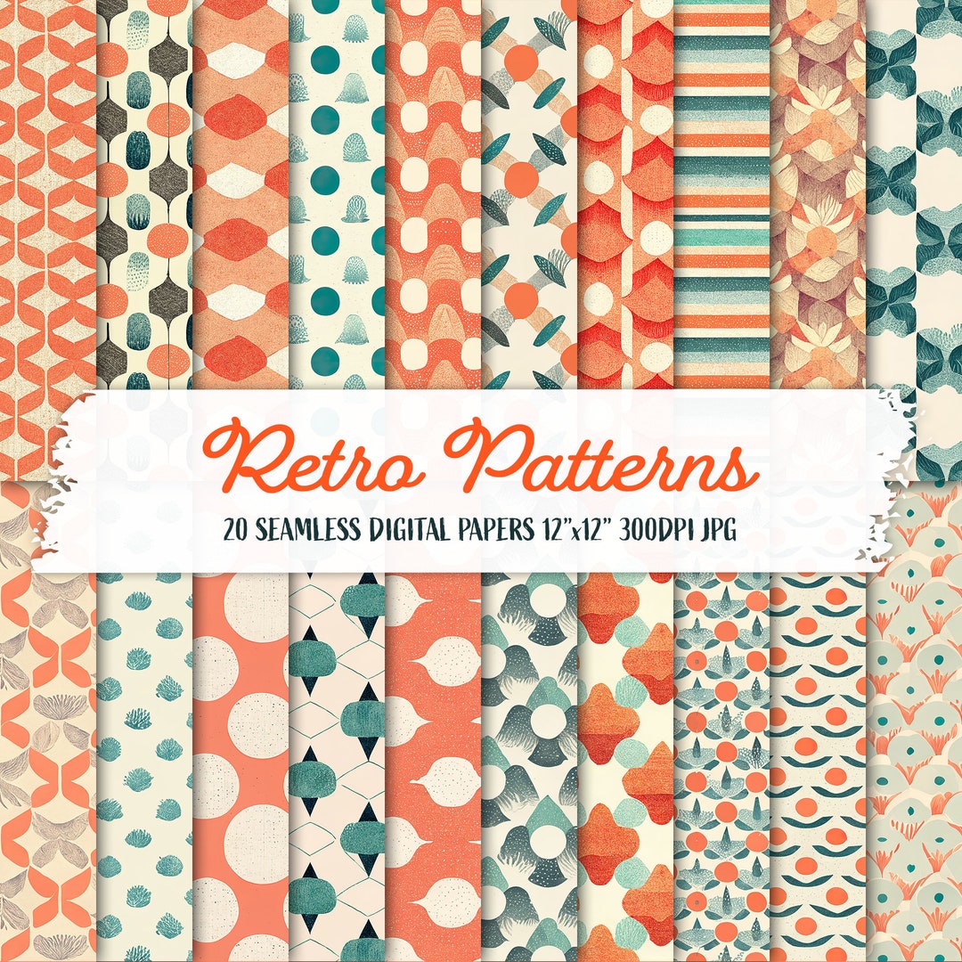 20 Hand Drawn Seamless Retro Patterns Digital Papers, Seamless Pattern ...