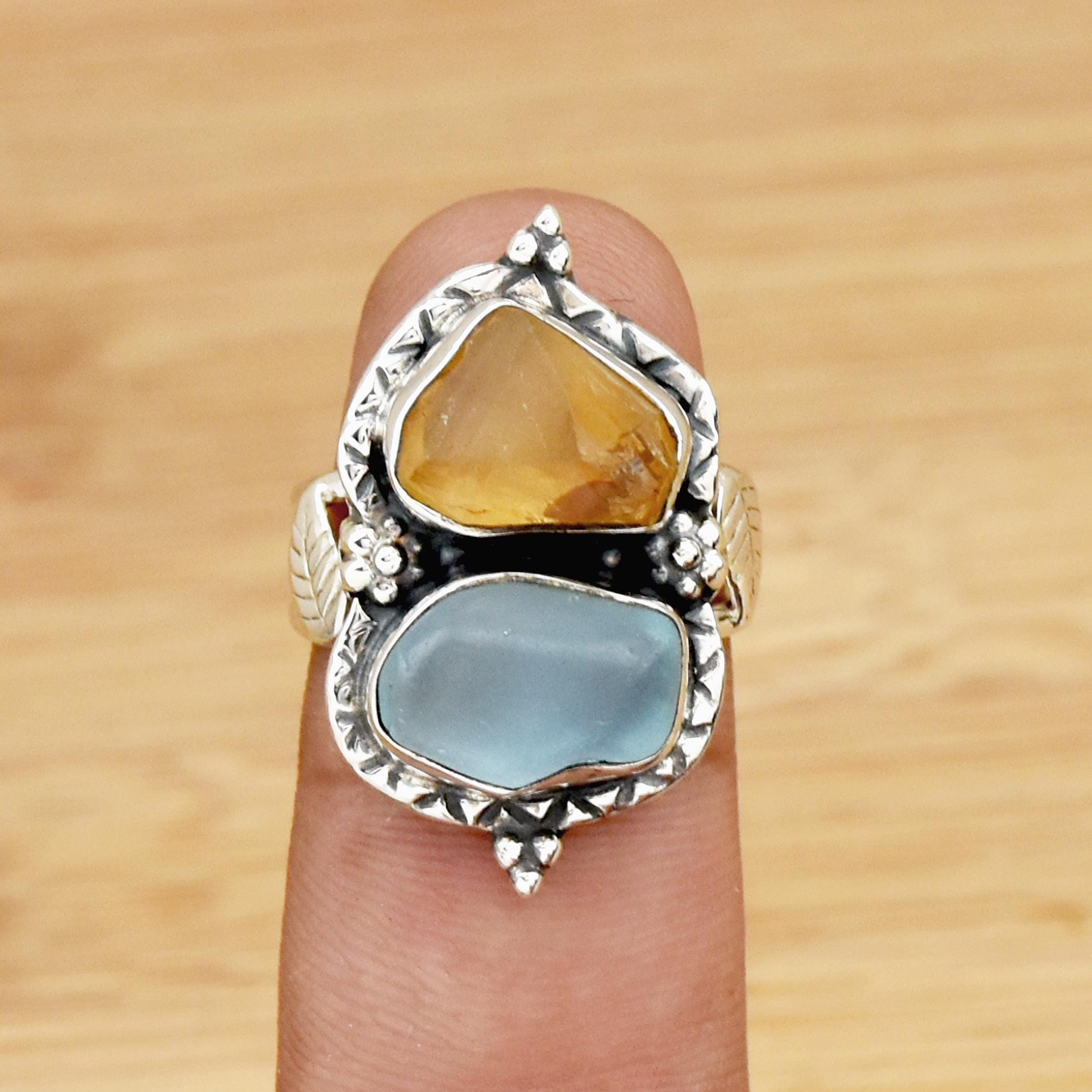 Natural Raw Blue Topaz Ring 925 Sterling Silver Ring Leaf Ring Dual ...