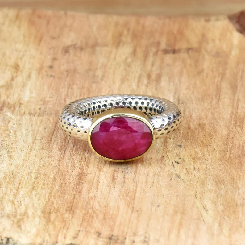 Faceted Ruby Ring: 925 Sterling Silver Micro Hammered Tube Band - Etsy