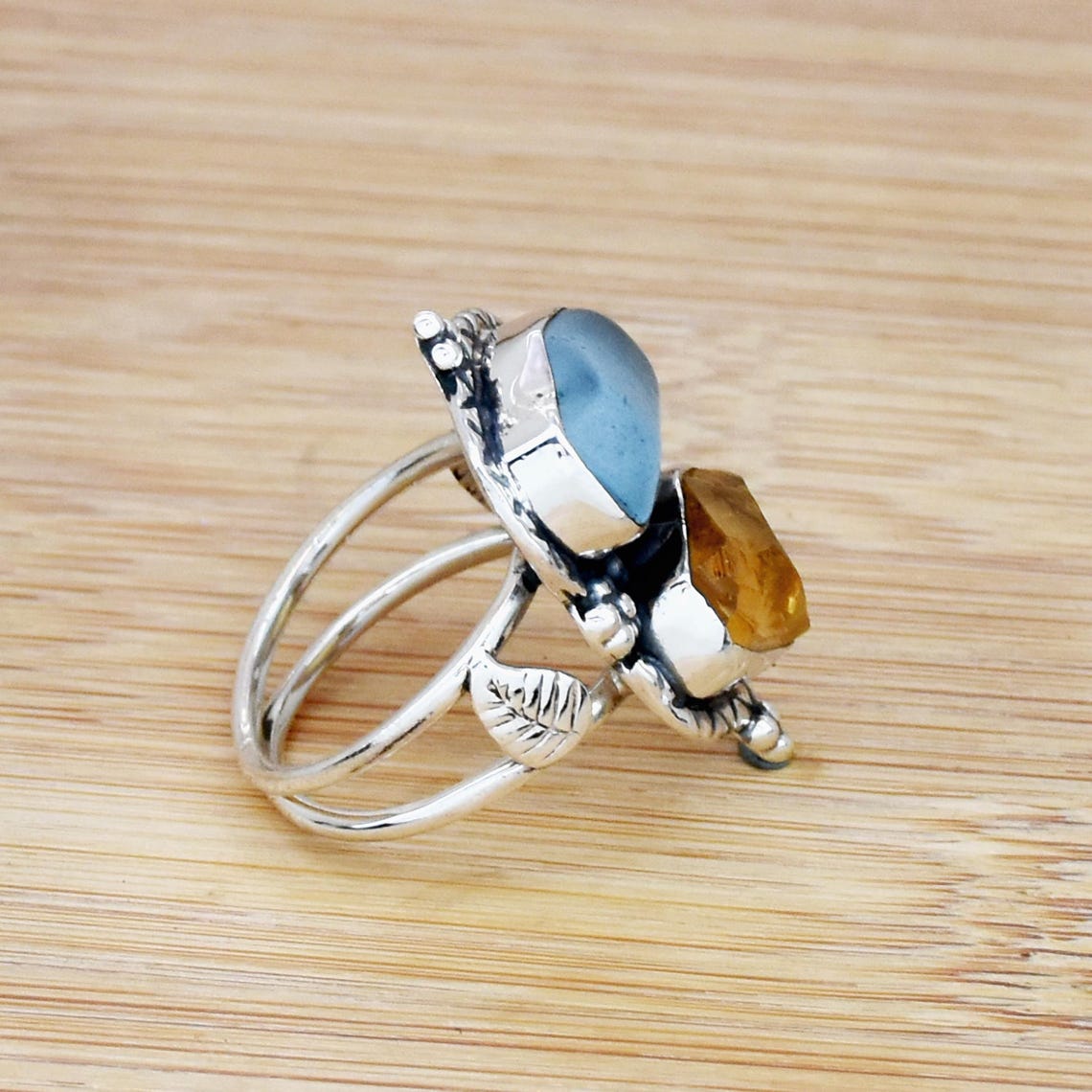 Natural Raw Blue Topaz Ring 925 Sterling Silver Ring Leaf Ring Dual ...