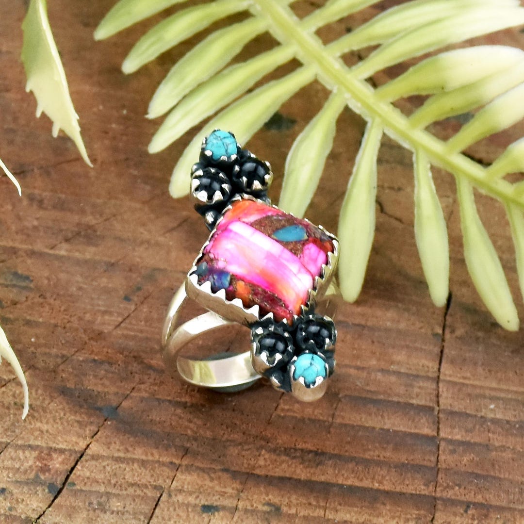 Pink Spiny Oyster Turquoise Ring: Sterling Silver Boho Statement ...